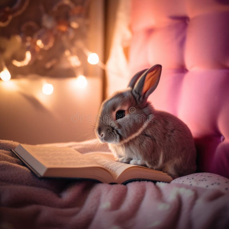 A Rabbit Sitting on a Bed Reading a Book. AI Generative Image. Stock ...