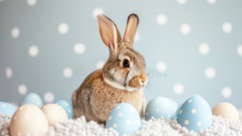 A Rabbit Sitting among Blue and White Easter Eggs. Stock Illustration ...