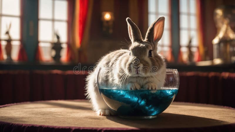 Adorable Bunny in a Blue Liquid-Filled Glass Bowl Stock Illustration ...