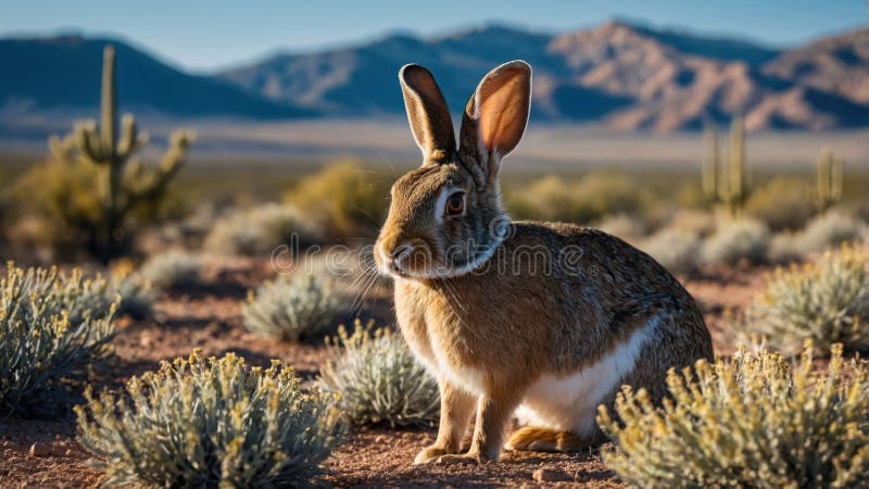 A Rabbit Sitting in a Desert Landscape, Surrounded by Plants and ...