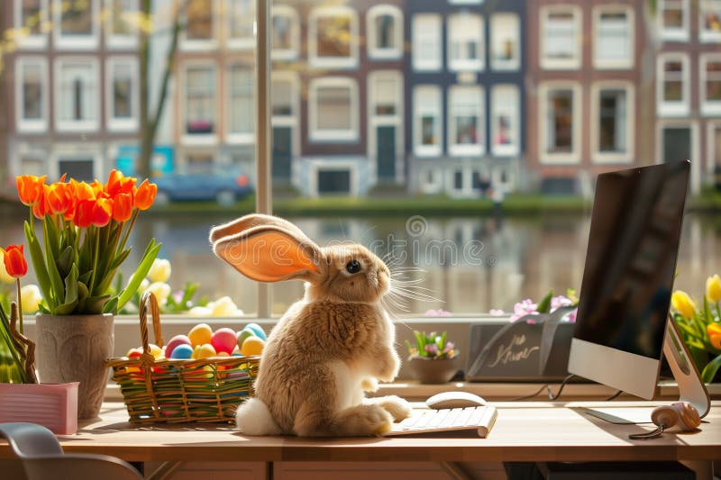 Rabbit Sitting on Desk in Front of Computer Stock Image - Image of ...