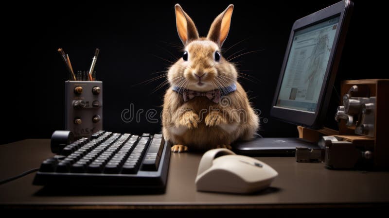 A Rabbit Sitting on a Desk Next To Computer Monitor and Keyboard, AI ...