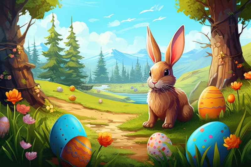 A Rabbit Sitting among Easter Eggs in a Forest. Suitable for Easter Holiday Concepts Stock Photo ...