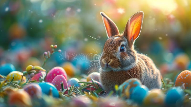 Rabbit Sitting in Field of Eggs Stock Photo - Image of spring, field ...