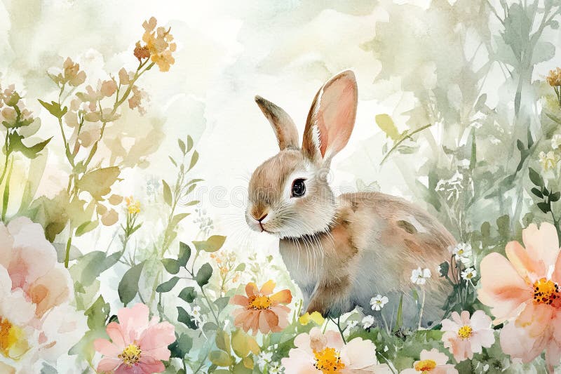 A Rabbit is Sitting in a Field of Flowers Stock Illustration ...