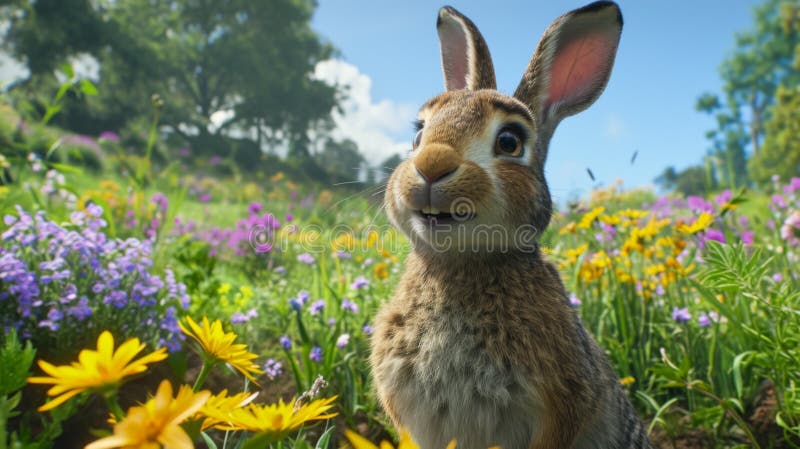 A Rabbit is Sitting in a Field of Flowers and Grass, AI Stock Image ...