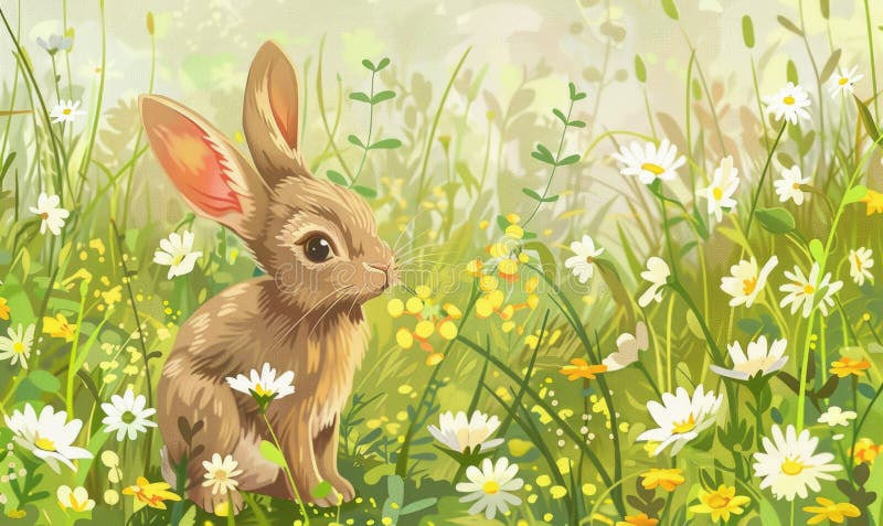A Rabbit is Sitting in a Field of Flowers Stock Photo - Image of young ...
