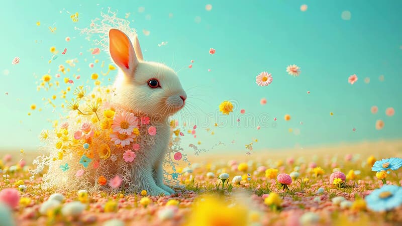Easter White Rabbit is Surrounded by a Lot of Flowers is Sitting in a ...