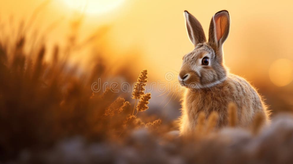 A Rabbit is Sitting in a Field at Sunset, AI Stock Illustration ...