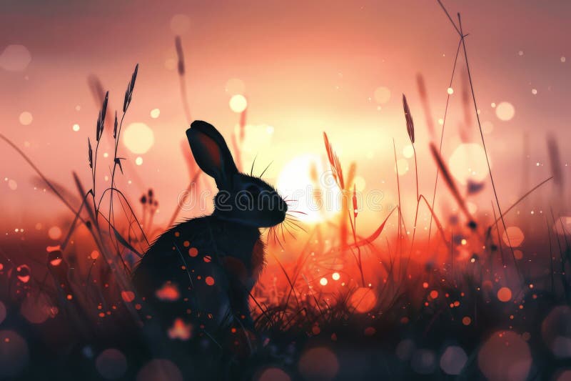 A Rabbit is Sitting in a Field of Tall Grass at Sunset Stock ...