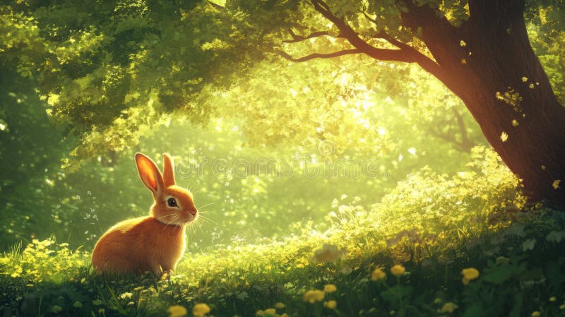 A Rabbit Sitting in a Field Under the Shade of a Tree, AI Stock Photo ...