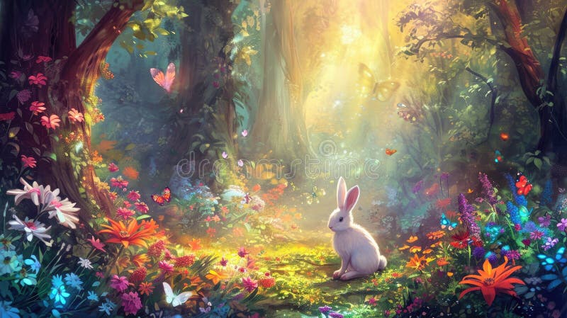A Rabbit Sitting in a Forest with Butterflies Stock Illustration ...
