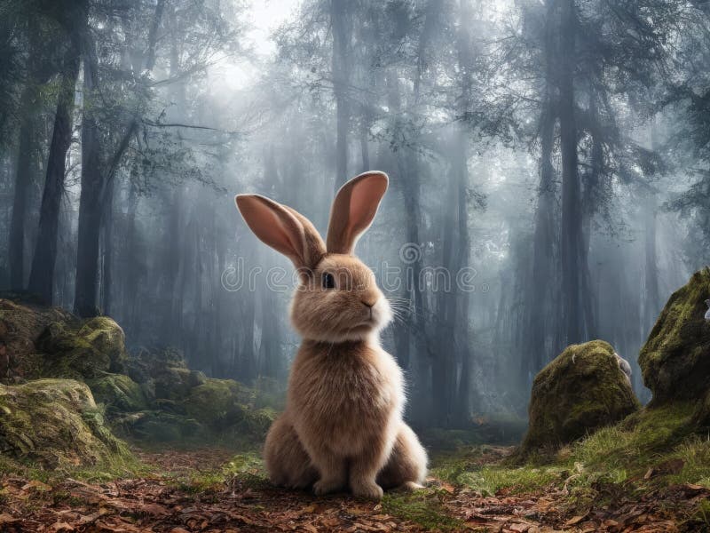 Rabbit Sitting in the Forest with Foggy Background. AI Generated Stock ...