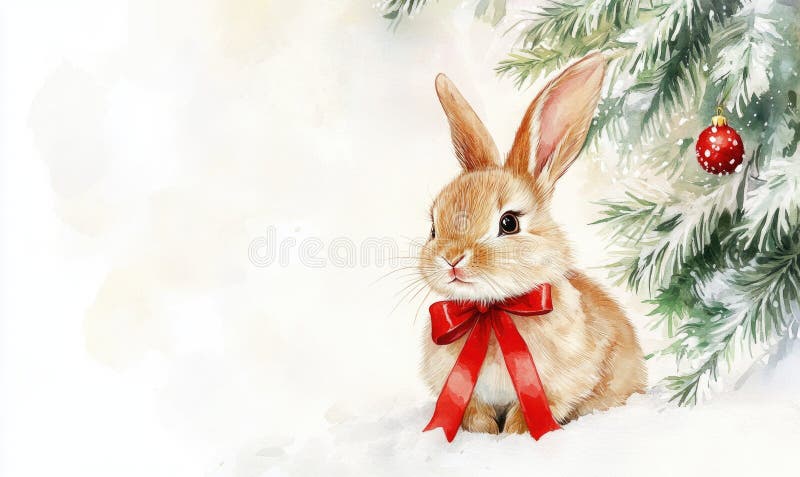 A Rabbit is Sitting in Front of a Christmas Tree with a Red Bow Around ...
