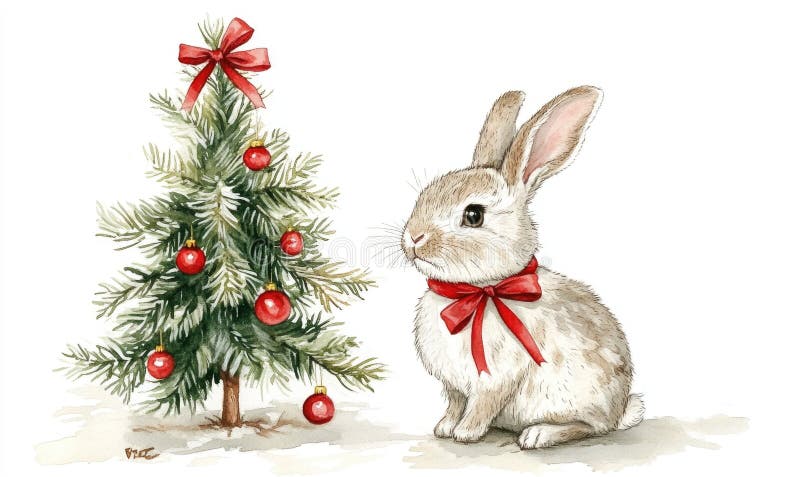 A Rabbit is Sitting in Front of a Christmas Tree with Red Bows Stock ...