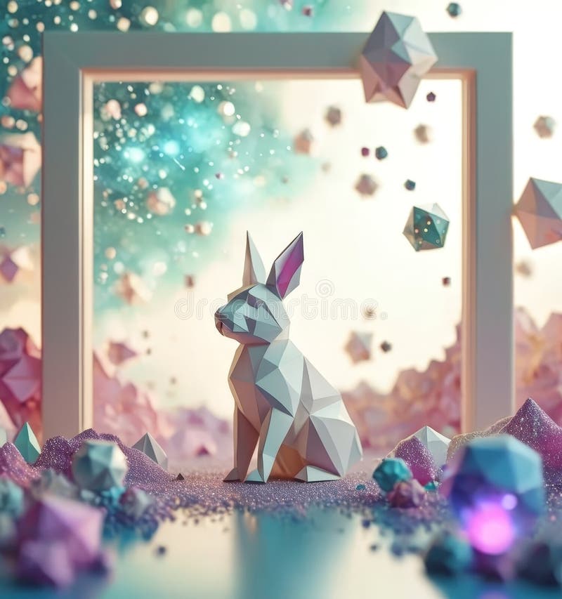 Rabbit Sitting in Front Frame with Background Pink and Blue Crystals ...