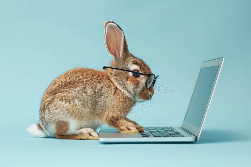 A Rabbit Sitting in Front of a Laptop, Donning Glasses, with a Plain ...