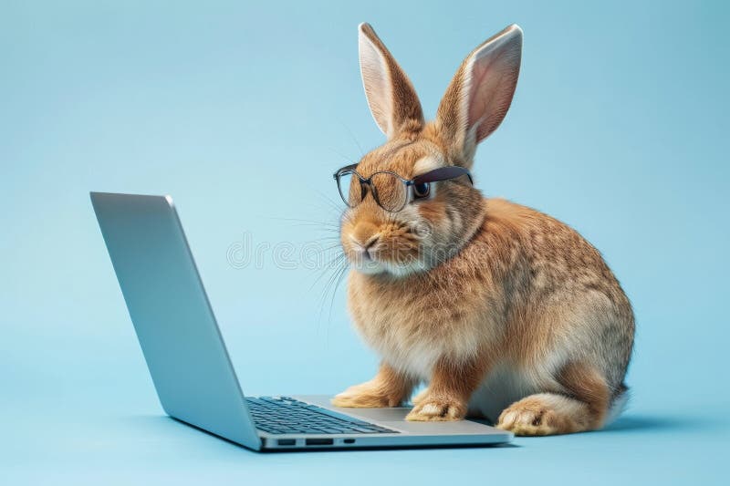 A Rabbit Sitting in Front of a Laptop, Donning Glasses, with a Plain ...