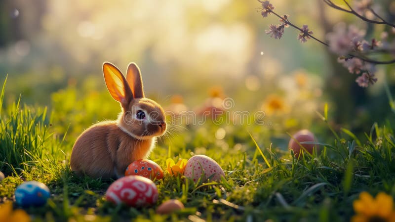 A Rabbit Sitting in the Grass with Easter Eggs Stock Photo - Image of ...