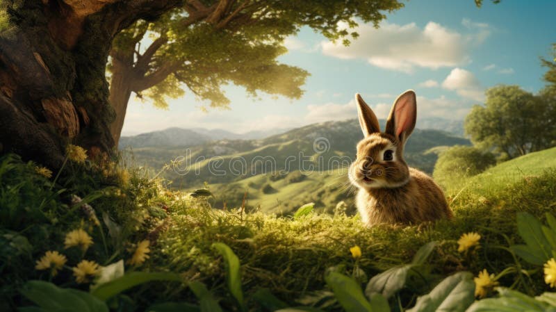 A Rabbit Sitting in the Grass Near a Tree, AI Stock Image - Image of ...