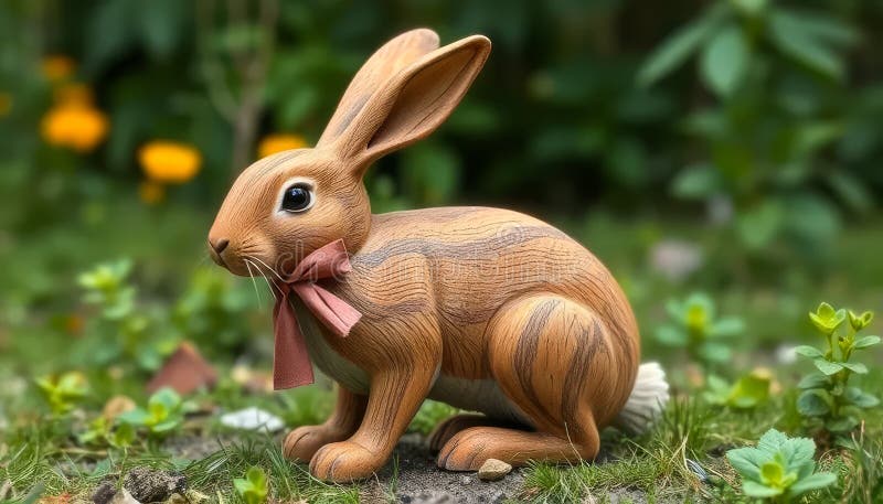 Rabbit is Sitting on the Grass with a Red Ribbon Around Its Neck Stock ...