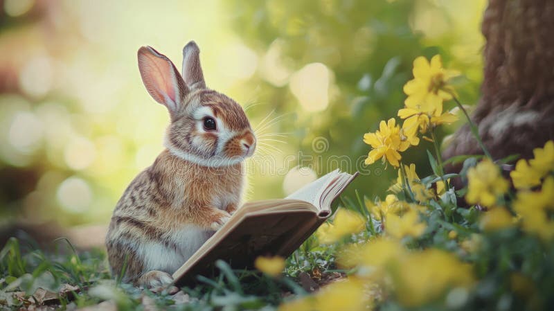 Rabbit Sitting in Green Grass Reading a Book with a Peaceful Expression ...