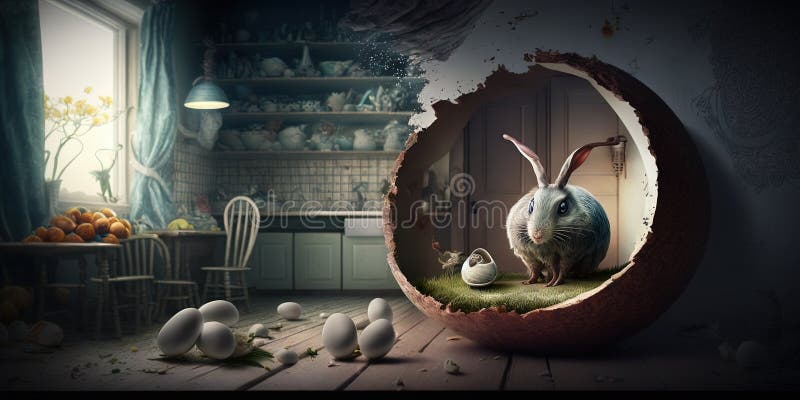 A Rabbit Sitting Inside of a Hole in the Ground Next To Eggs Stock ...