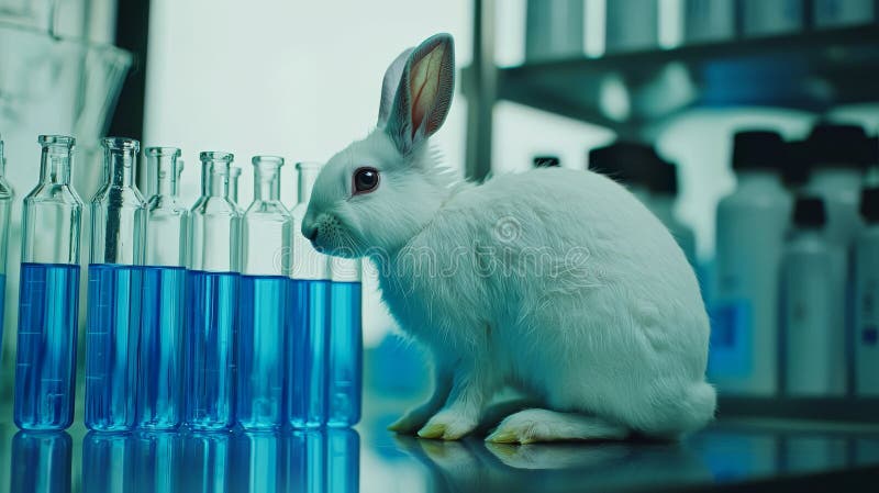 Rabbit Sitting on Laboratory Table with Beakers. Stock Image - Image of ...