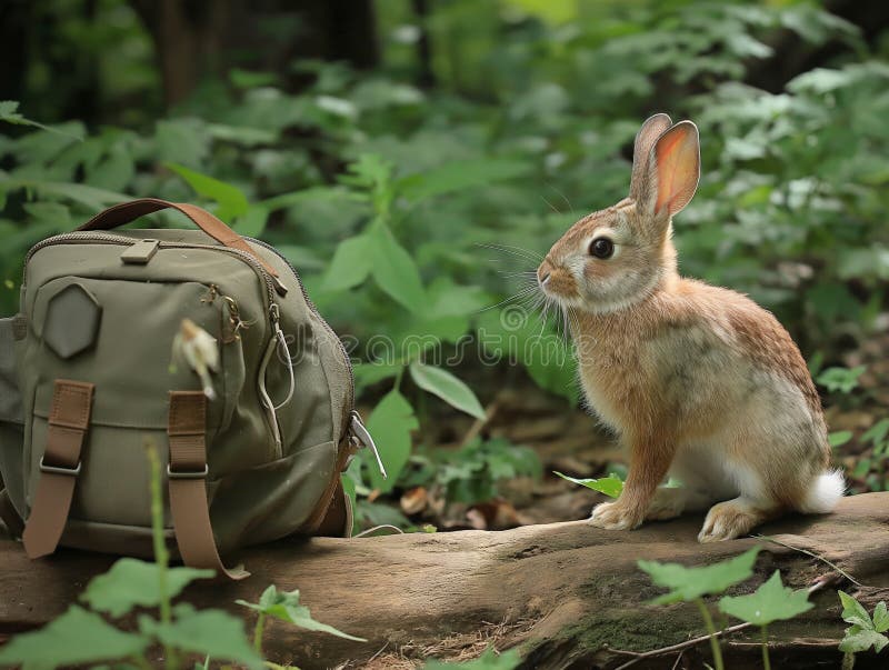 Rabbit Sitting on Log Next To Backpack in Forest Stock Photo - Image of ...