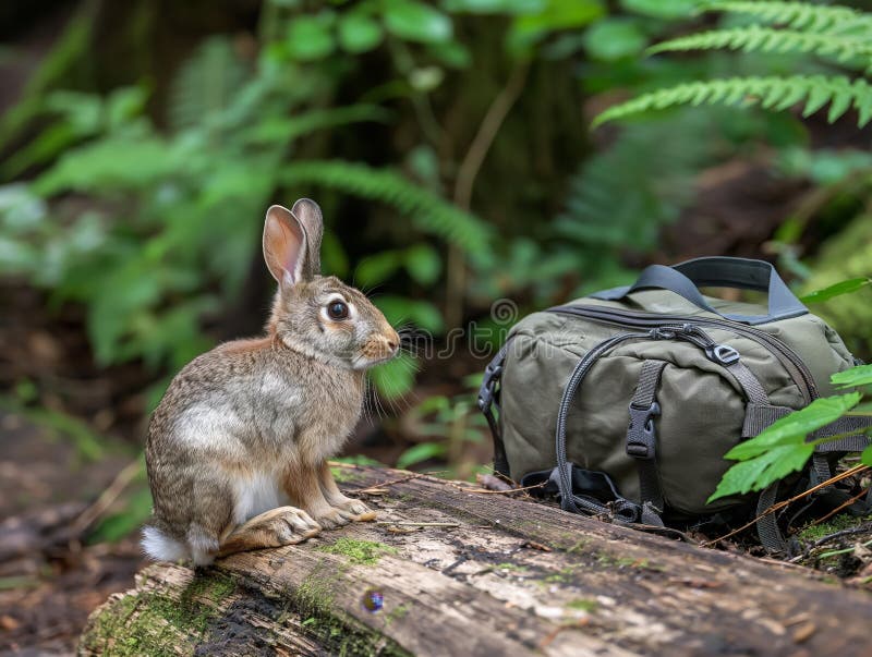 Rabbit Sitting on Log Next To Backpack in Forest Stock Photo - Image of ...