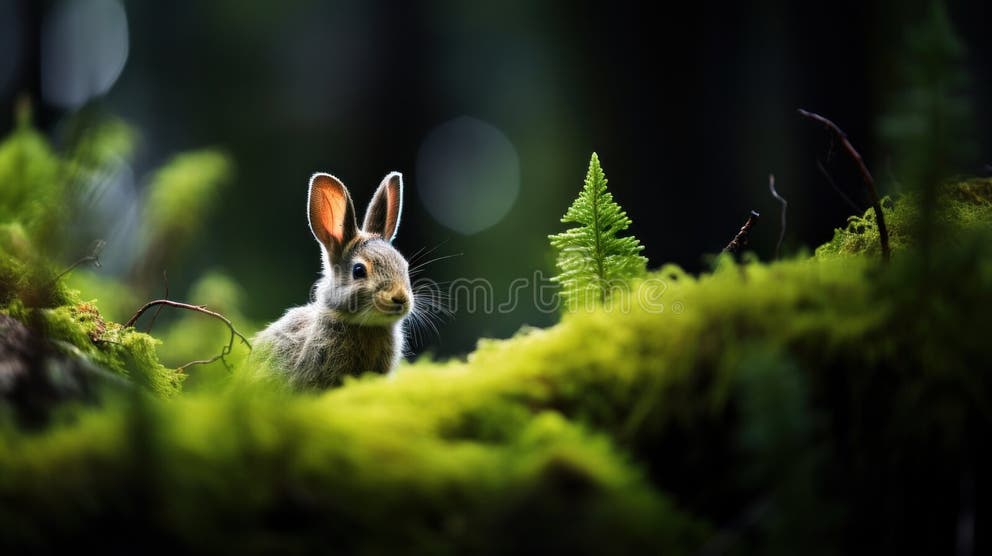 A Rabbit Sitting in the Middle of a Mossy Forest, AI Stock Illustration ...
