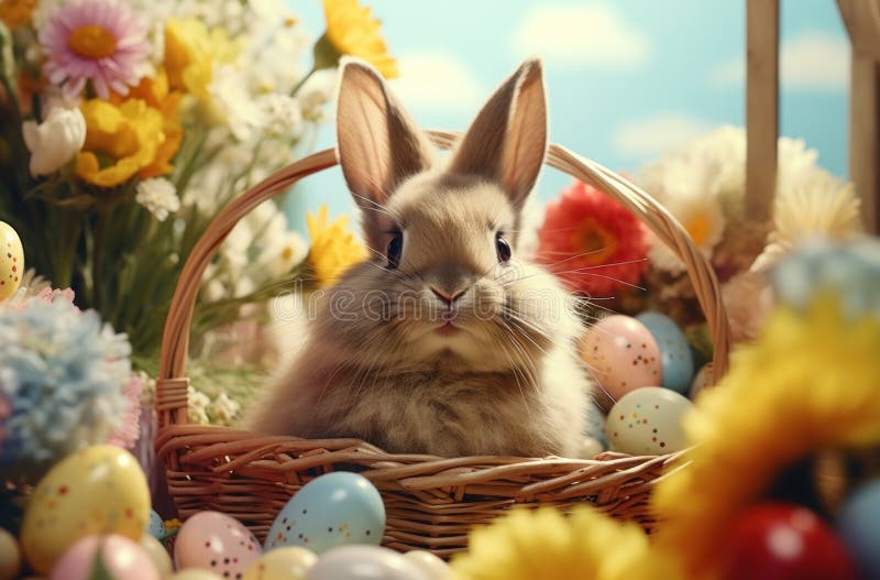 Rabbit Sitting Near Easter Baskets with Easter Eggs, Stock Image ...