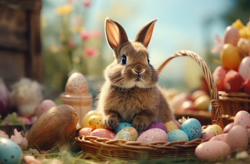 Rabbit Sitting Near Easter Baskets with Easter Eggs, Stock Image ...