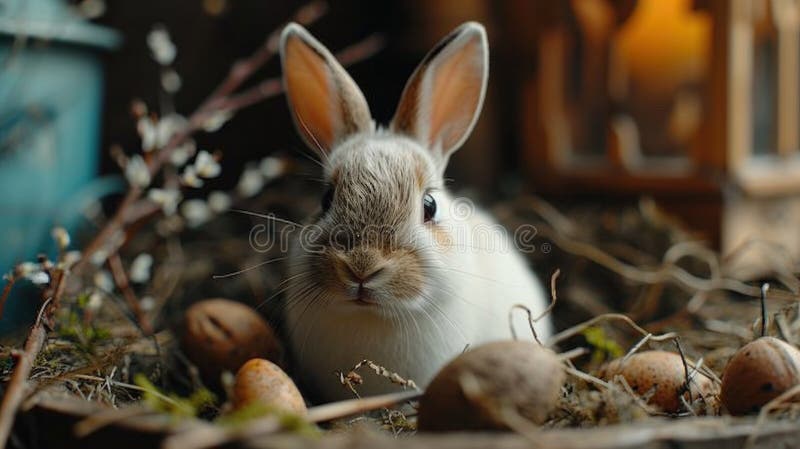 A Rabbit Sitting in a Nest of Eggs and Nuts, AI Stock Photo - Image of ...