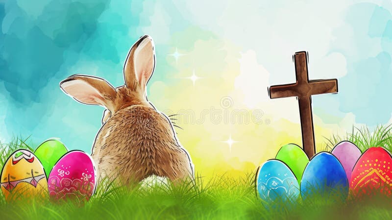 A Rabbit Sitting Next To a Cross and Easter Eggs Stock Illustration ...
