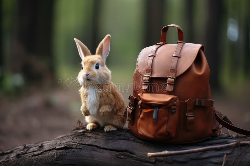 Rabbit and Backpack on a Log in the Forest Stock Image - Image of ...