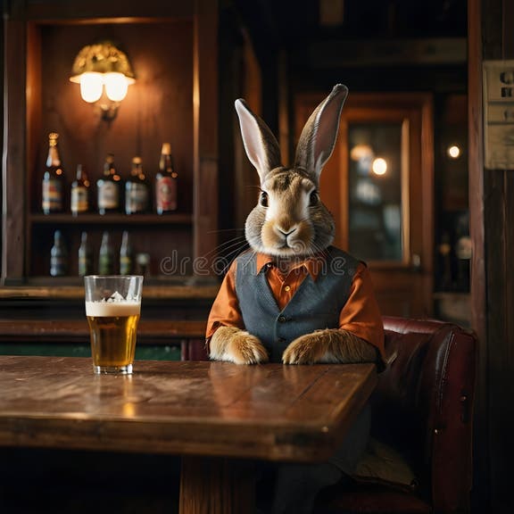 Rabbit Sitting in an Old Bar, Beer on Table Stock Illustration ...