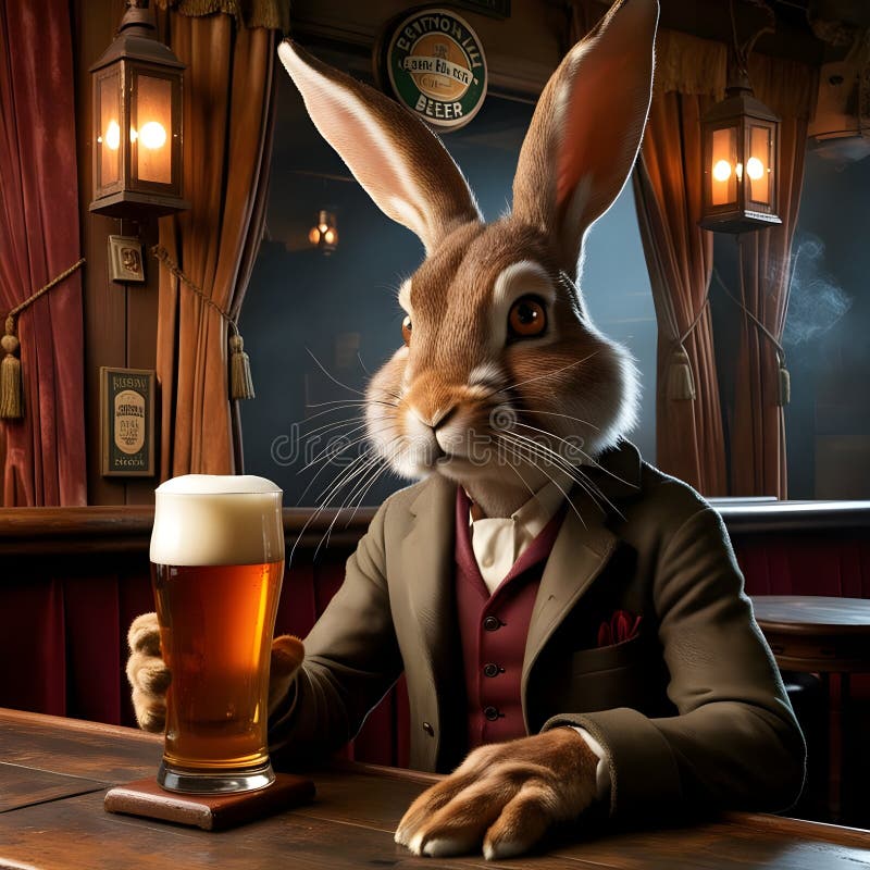 Rabbit Sitting in an Old Bar, Beer on Table Stock Illustration ...