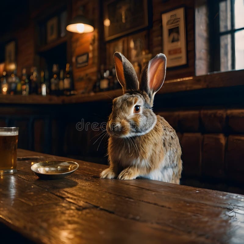 Rabbit Sitting in an Old Bar, Beer on Table Stock Illustration ...