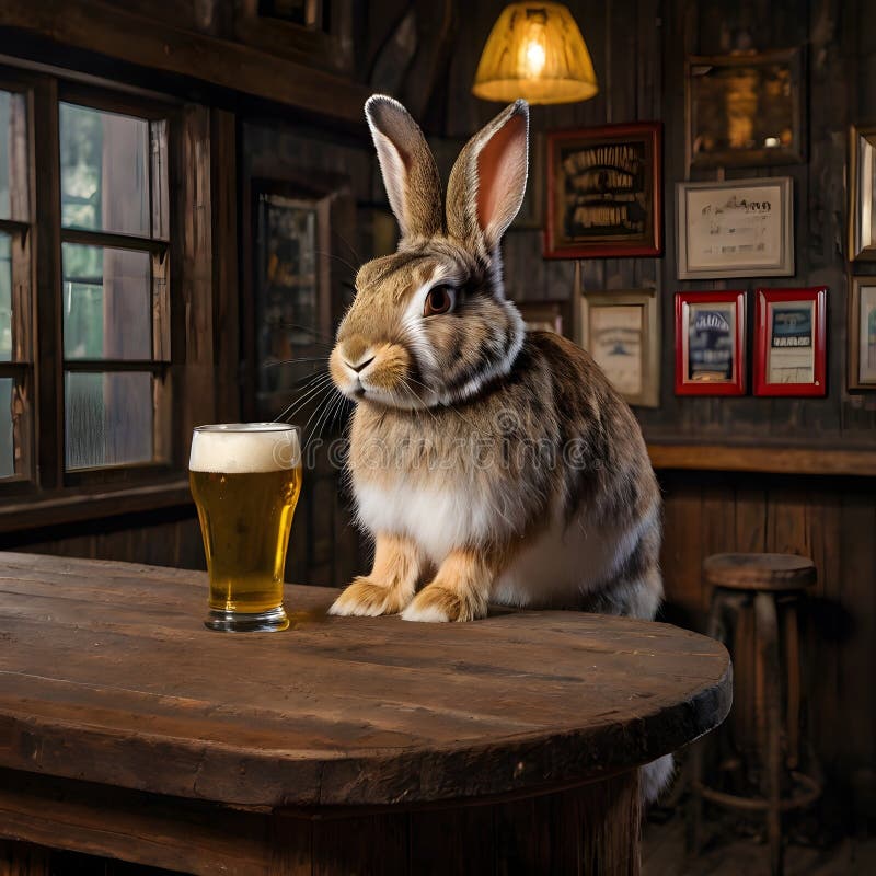 Rabbit Sitting in an Old Bar, Beer on Table Stock Illustration ...