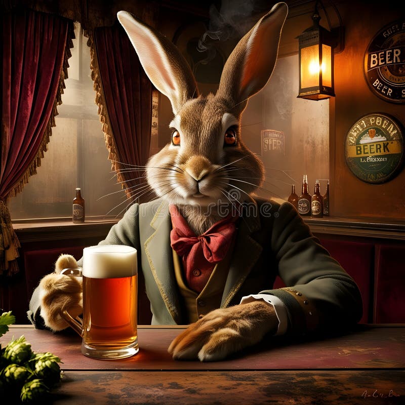 Rabbit Sitting in an Old Bar, Beer on Table Stock Illustration ...