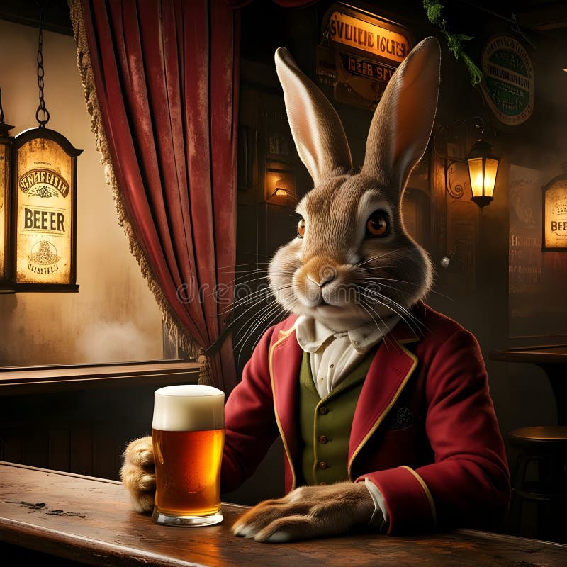 Rabbit Sitting in an Old Bar, Beer on Table Stock Illustration ...