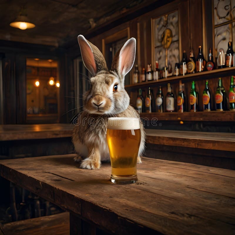 Rabbit Sitting in an Old Bar, Beer on Table Stock Illustration ...