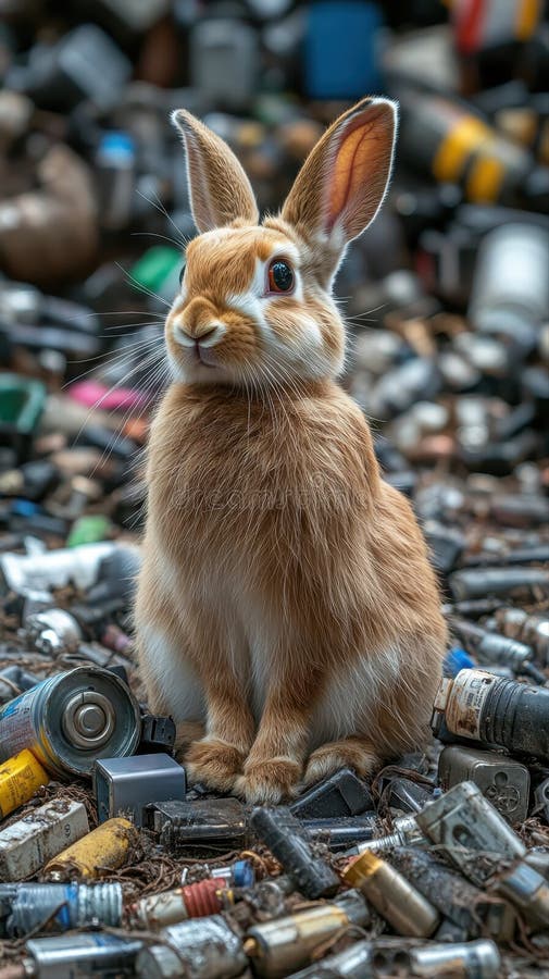 Rabbit Sitting on Pile of Cans and Discarded Batteries in Urban ...