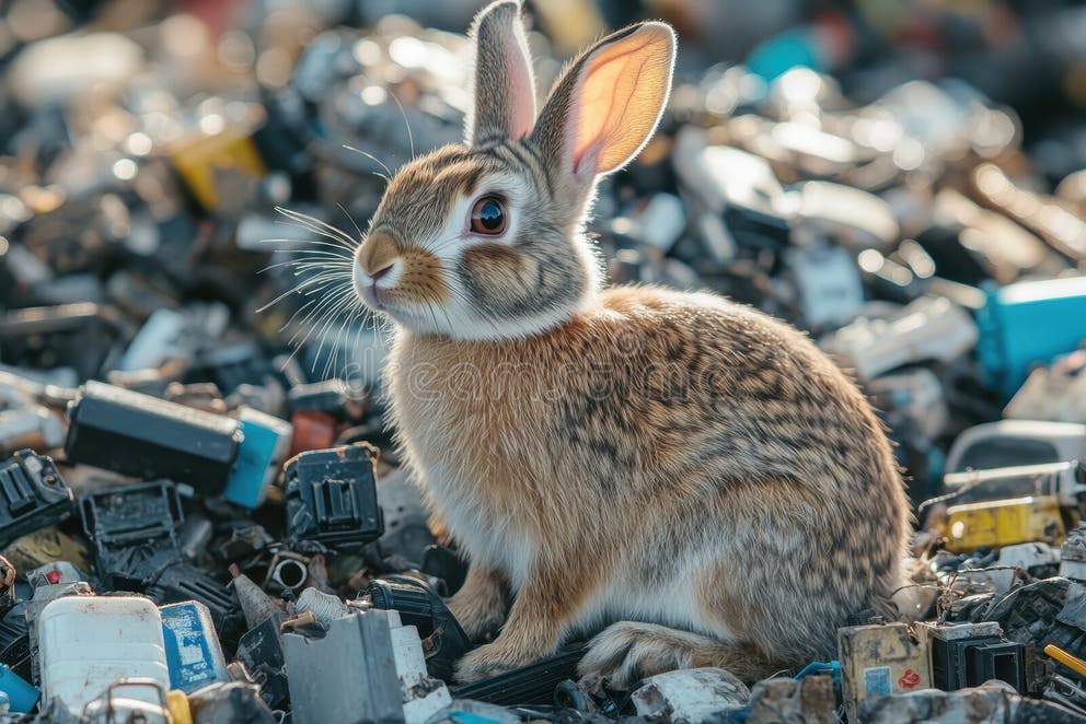 Rabbit Sitting on Pile of Electronic Devices and Discarded Batteries in ...