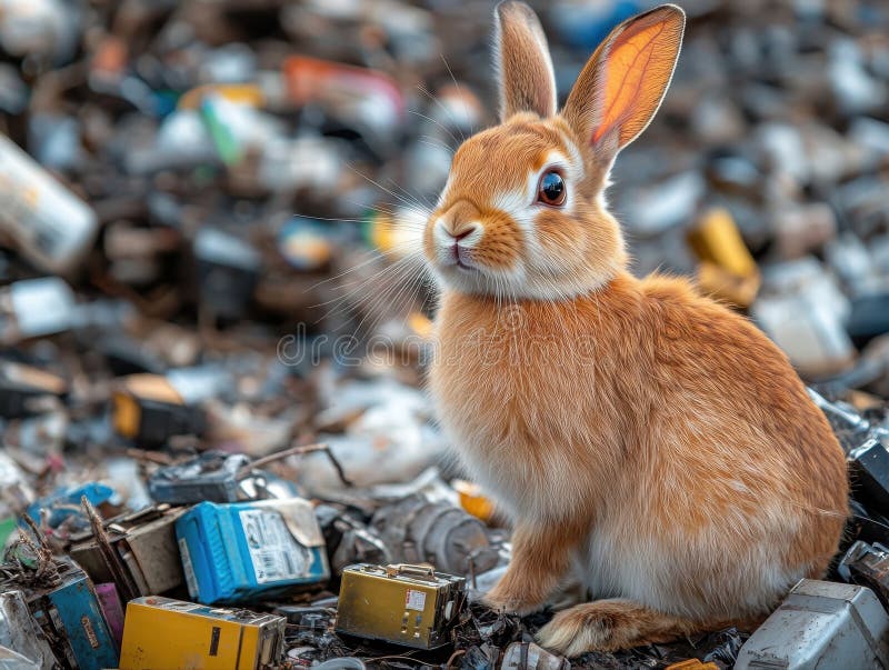 Rabbit Sitting on a Pile of Garbage and Discarded Batteries in an Urban ...