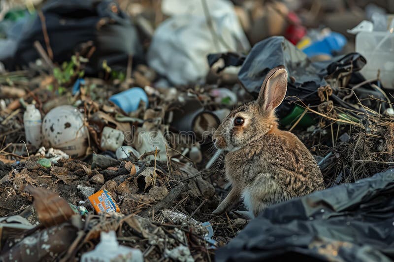 Rabbit is Sitting in a Pile of Trash Stock Image - Image of looking ...