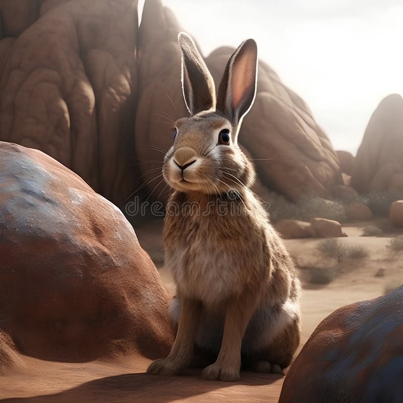 Rabbit Sitting on a Rock in the Desert. 3d Rendering Stock Illustration ...