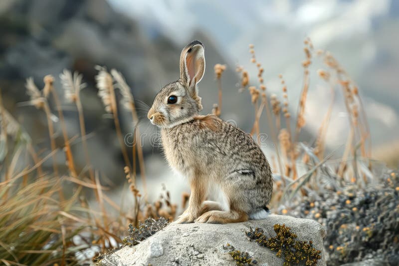 Rabbit is Sitting on a Rock in a Field Stock Image - Image of spring ...