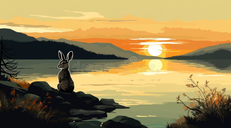 A Rabbit Sitting on a Rock by a Lake Stock Illustration - Illustration ...